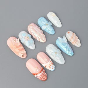 Beach Nails Design, Summer Shell Nails, Handmade Ocean Press on Nails ...