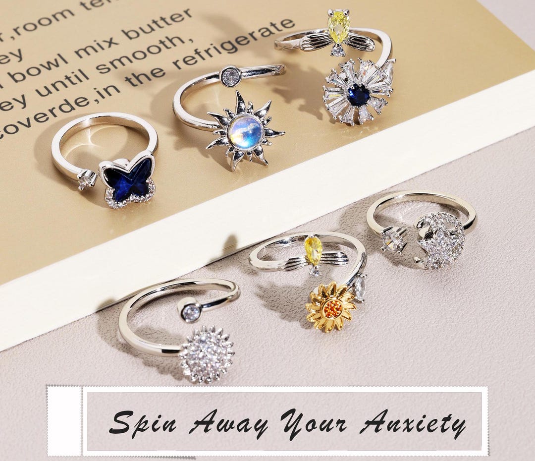 Silver Fidget Ring Spinner, Worry Relief Ring, Adjustable Anxiety Ring ...