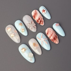 Tropical Beach Ocean 3D Press on Nails Designs With Charms, Handmade ...