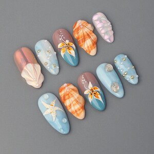 Ocean Fake/false Nails, Handmade Beach and Shell Nails Designs ...