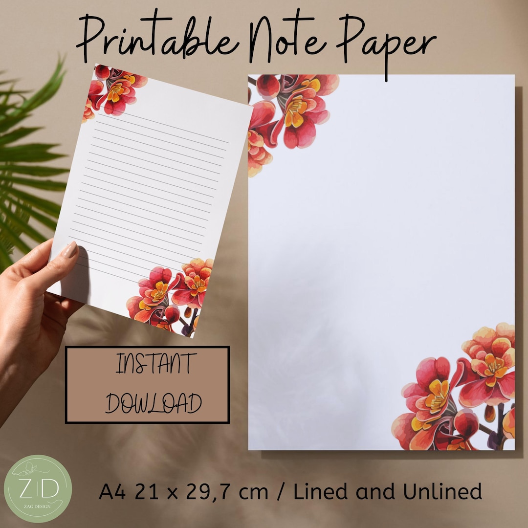 Orange Floral Printable Lined and Unlined Paper,stationery Paper ...