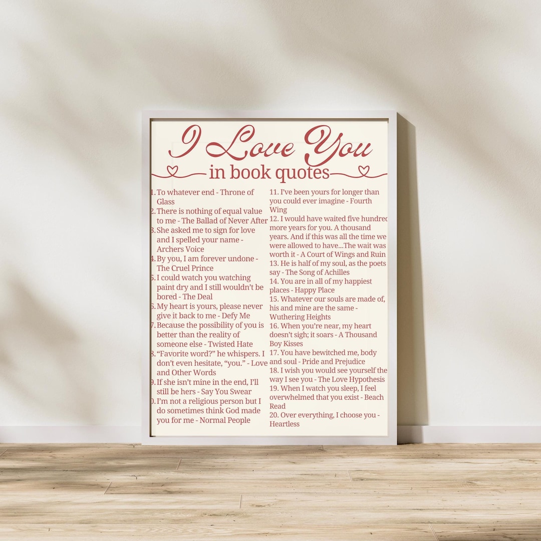 I Love You in Book Quotes Print Bookish Wall Art Book Print Bookworm ...