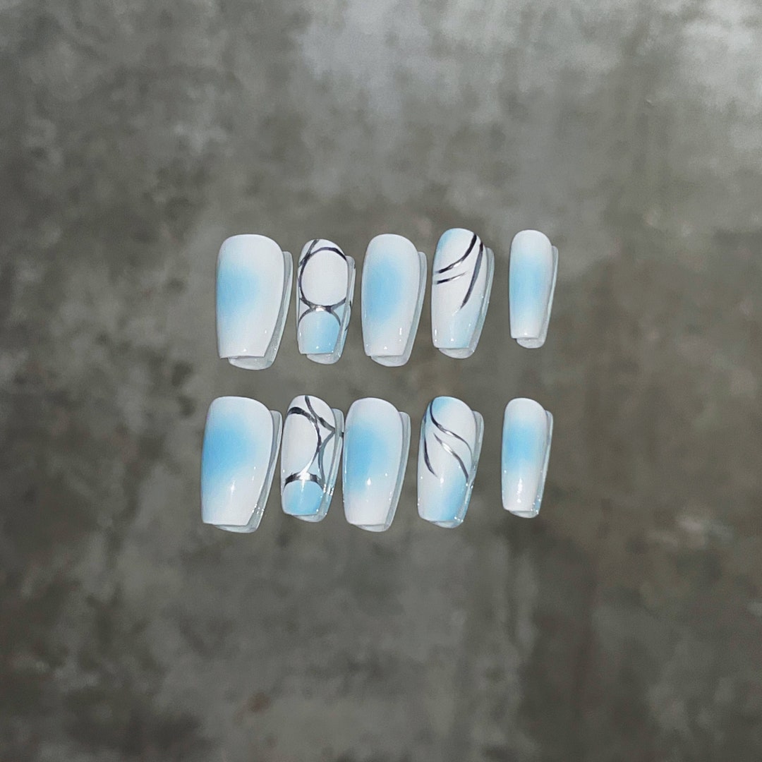 Milky Blue Chrome Silver Lining Press on Nail Set | Custom Handmade ...