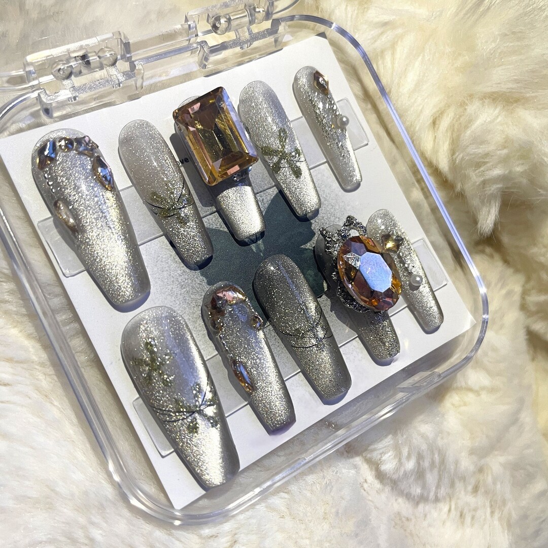 Silver Glitter Glamour Shiny Cat Eye Press on Nails Long Coffin Shape ...