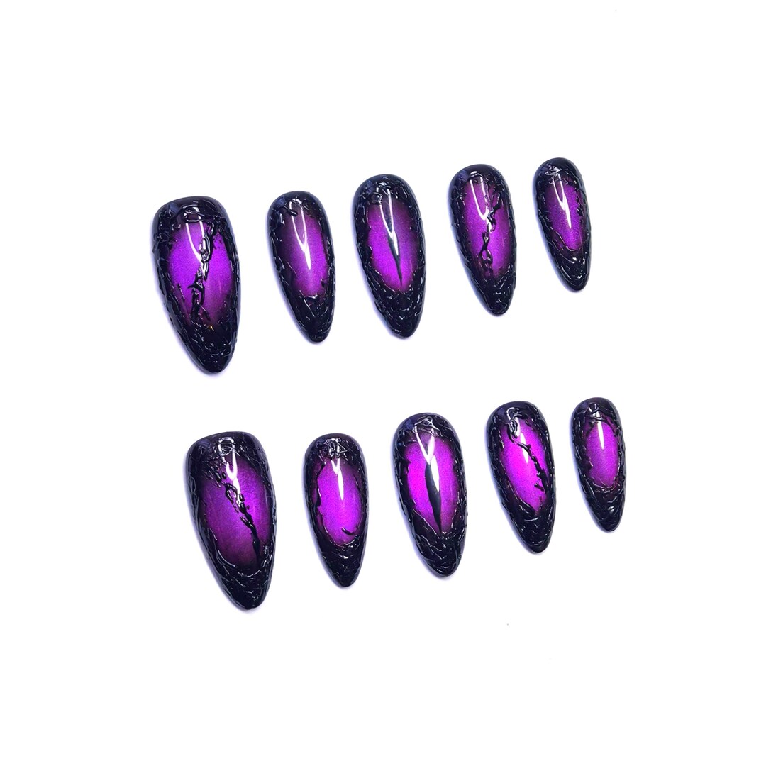Evil Eye Purple Cateye Press on Nails, Black Y2K Fake Nails, Custom ...