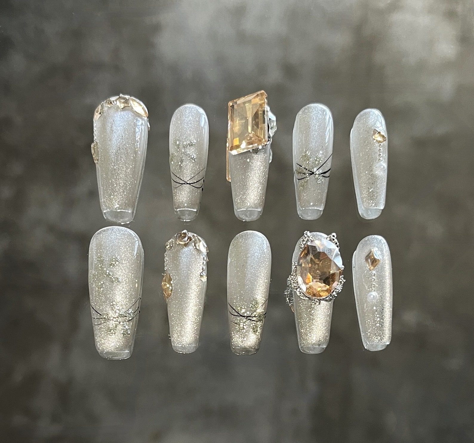 Silver Glitter Glamour Shiny Cat Eye Press on Nails Long Coffin Shape ...