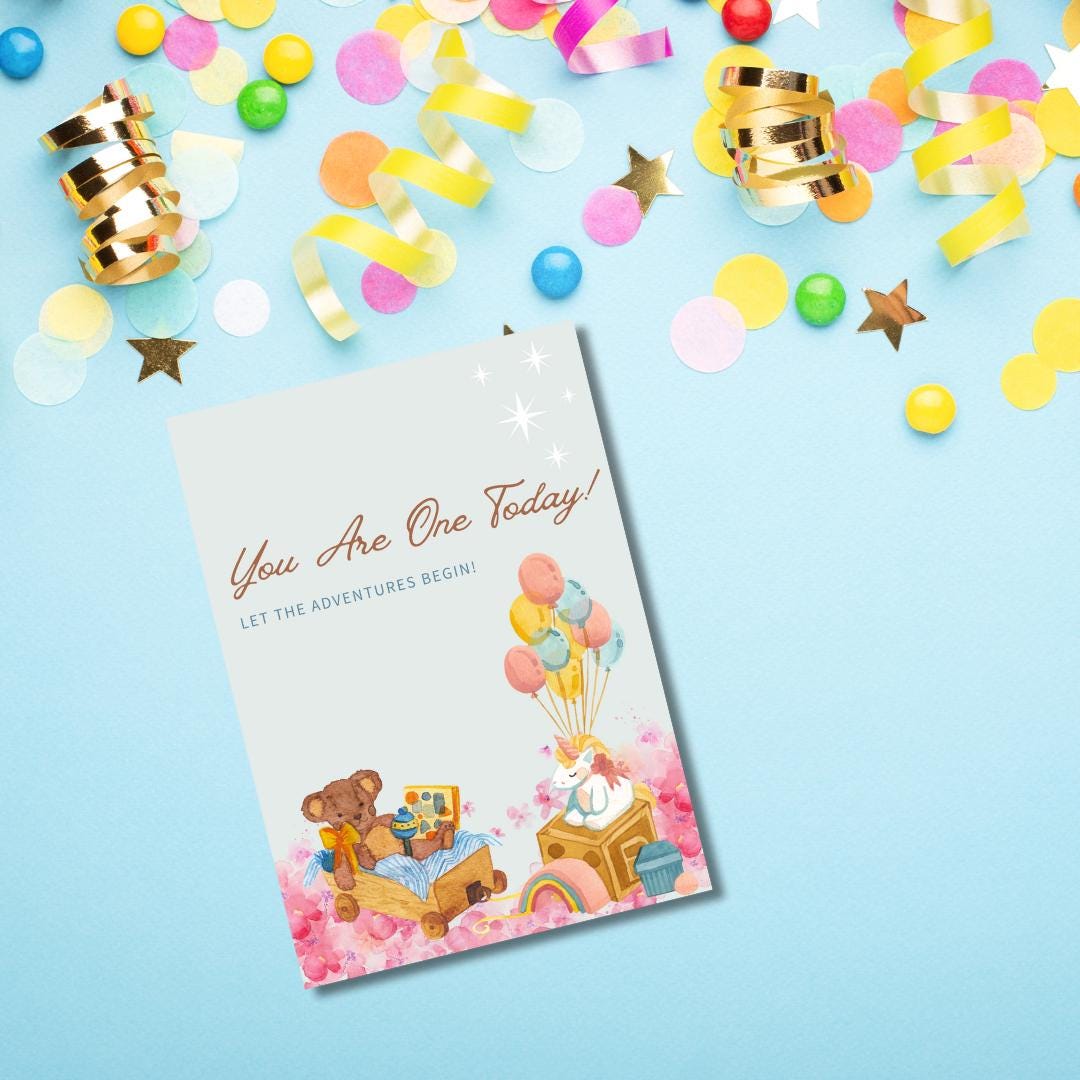 First Birthday Card , Unicorn/teddy Bear Theme First Birthday Card ...