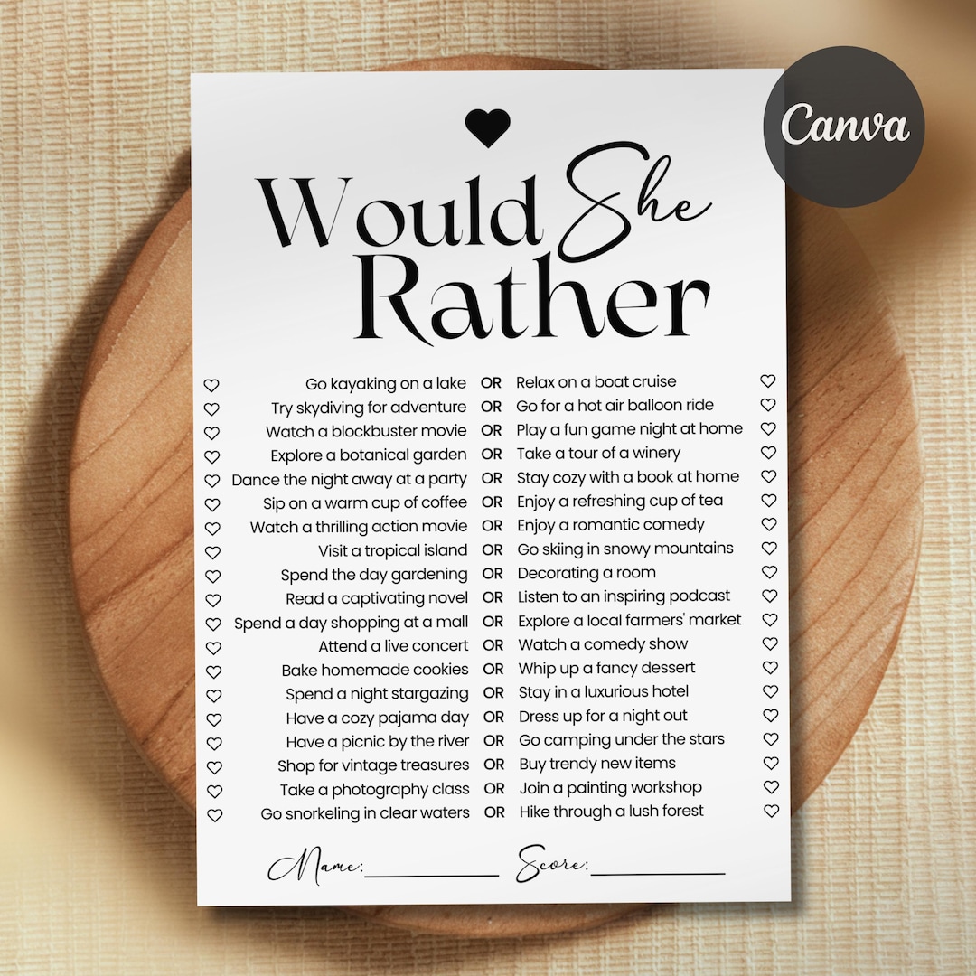 Would She Rather Bridal Shower Game Template,would She Rather Bridal Shower Game, Printable ...