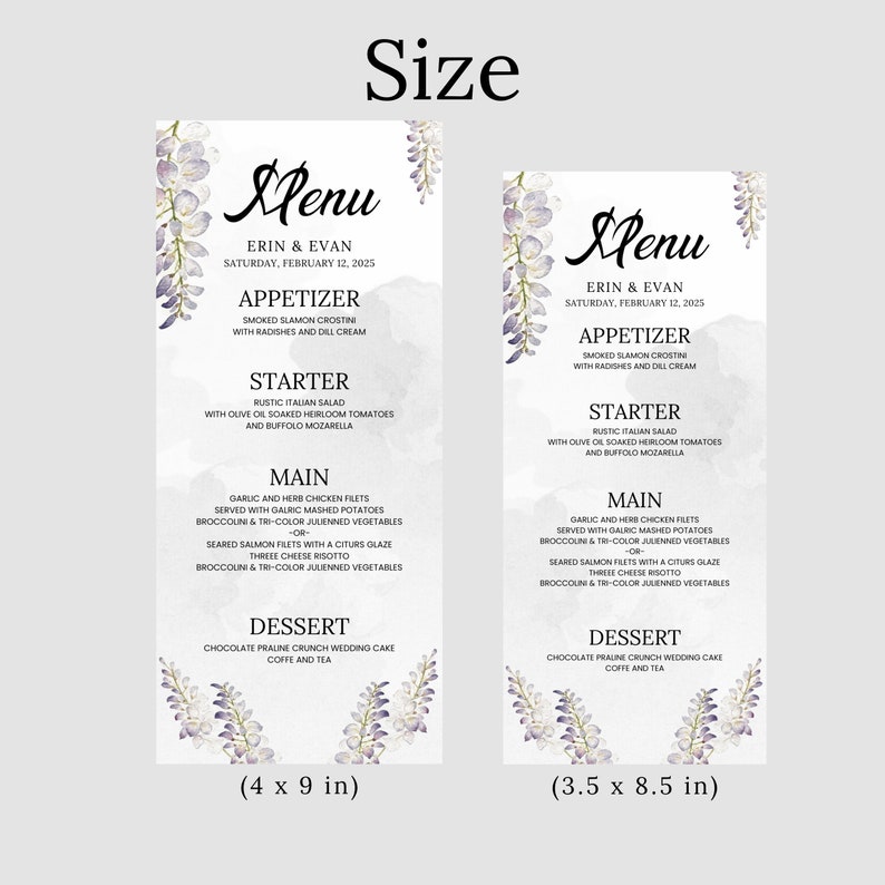 Elegant Wedding Menu Card, Printable Wedding Table Menu Card ...