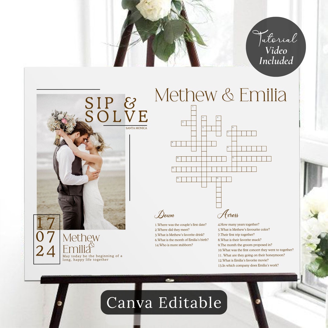 Wedding Crossword Sip and Solve Puzzle, Custom Crossword Template ...
