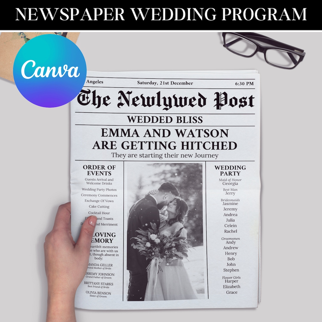Folded Printable Wedding Newspaper Program Canva Template, Wedding ...