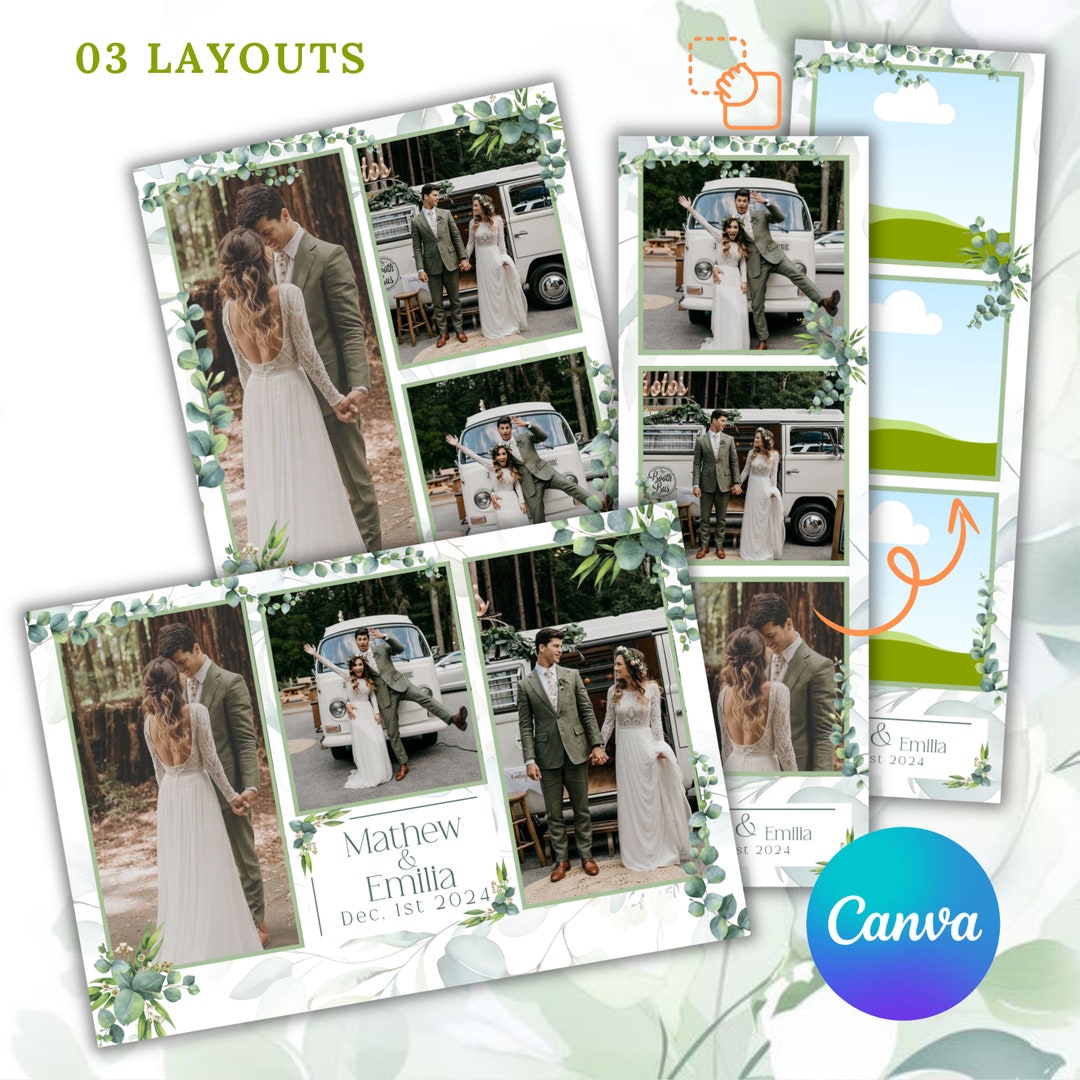 Plantilla de fotomatón para bodas (2x6, 4x6, 6x4) con pequeñas hojas ...