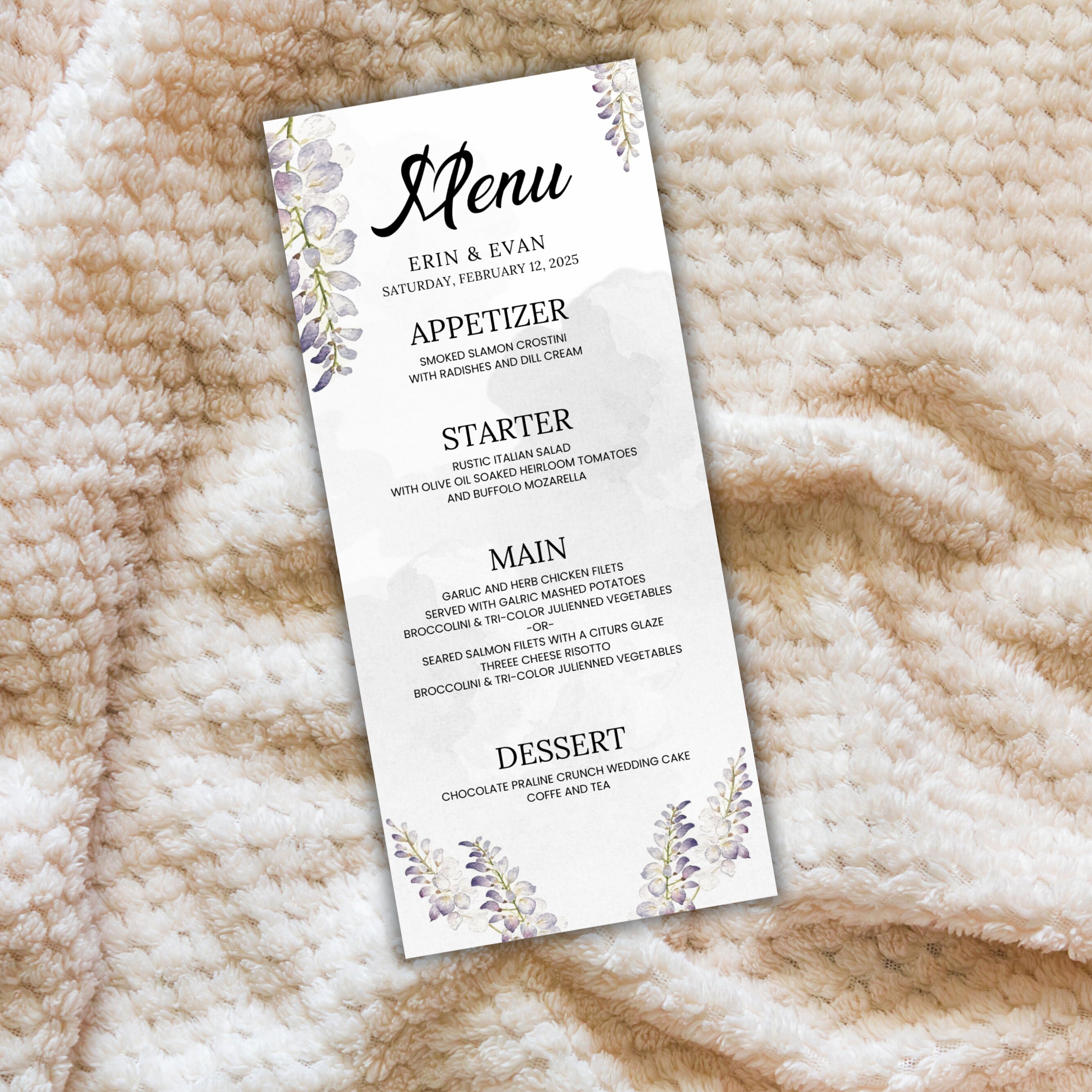 Elegant Wedding Menu Card, Printable Wedding Table Menu Card ...