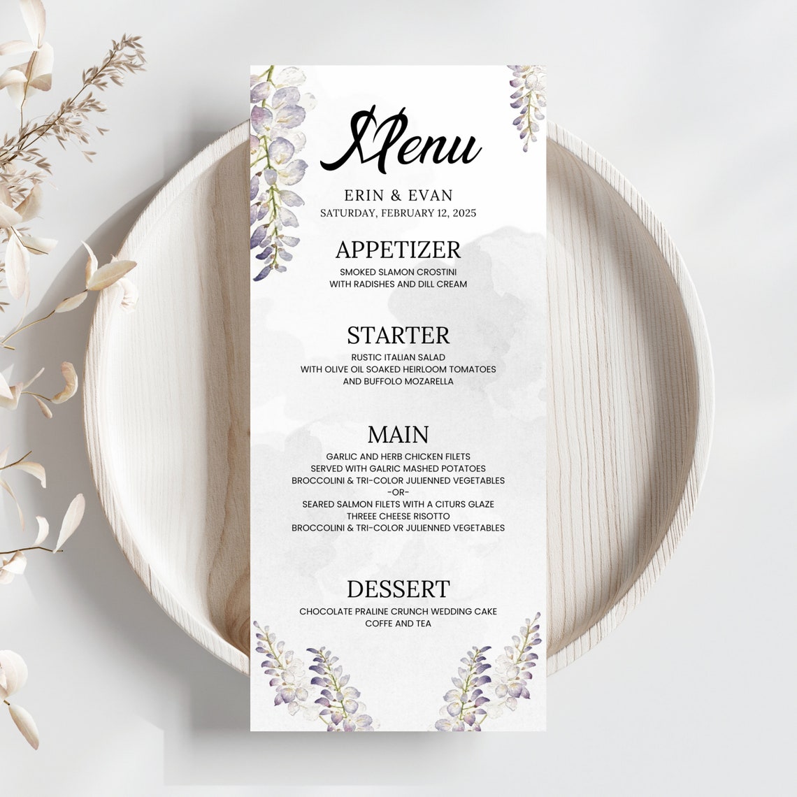 Elegant Wedding Menu Card, Printable Wedding Table Menu Card ...