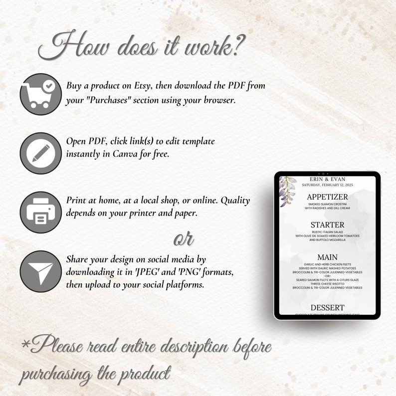 Elegant Wedding Menu Card, Printable Wedding Table Menu Card ...