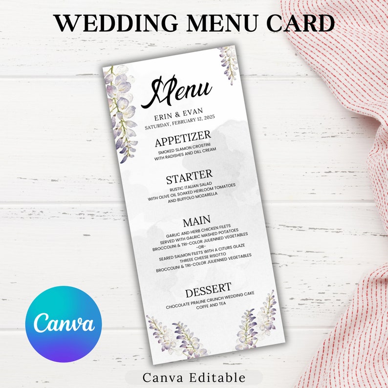 Elegant Wedding Menu Card, Printable Wedding Table Menu Card ...