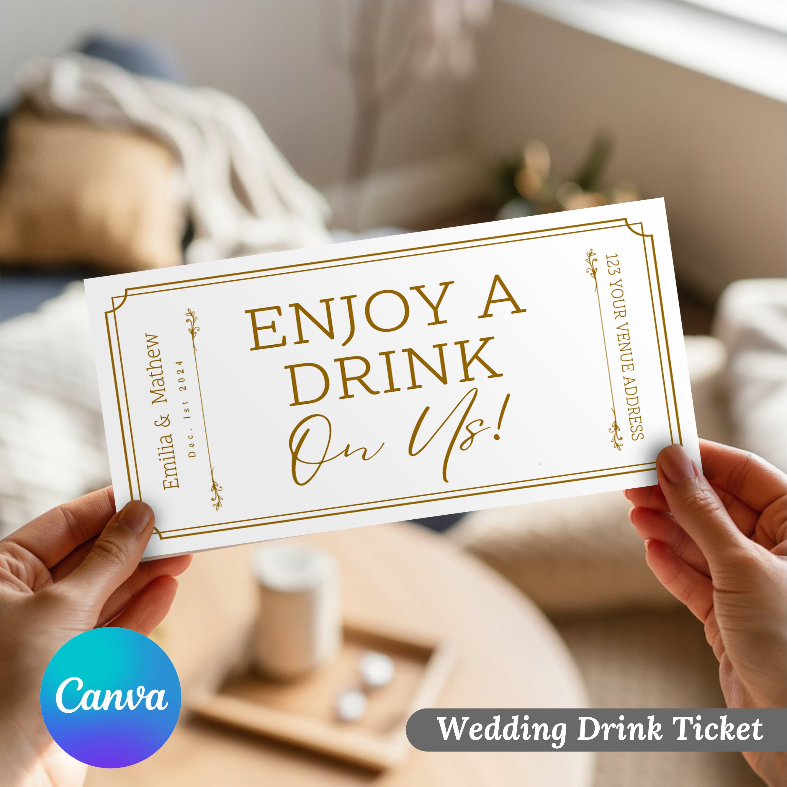 Modern Wedding Drink Ticket, Printable Wedding Drink Voucher, Minimal ...