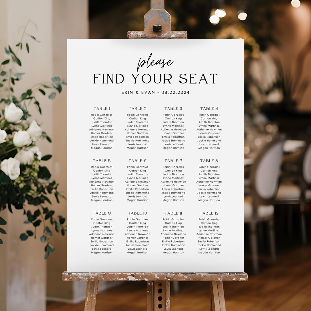 Editable Wedding Seating Chart Template, Modern Minimalist Table ...