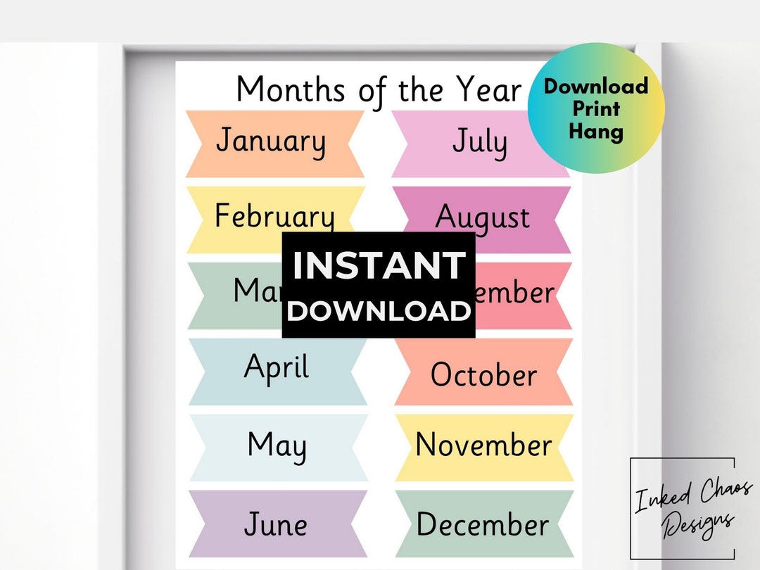 Digital Months of the Year Printable Poster Download Educational Wall ...