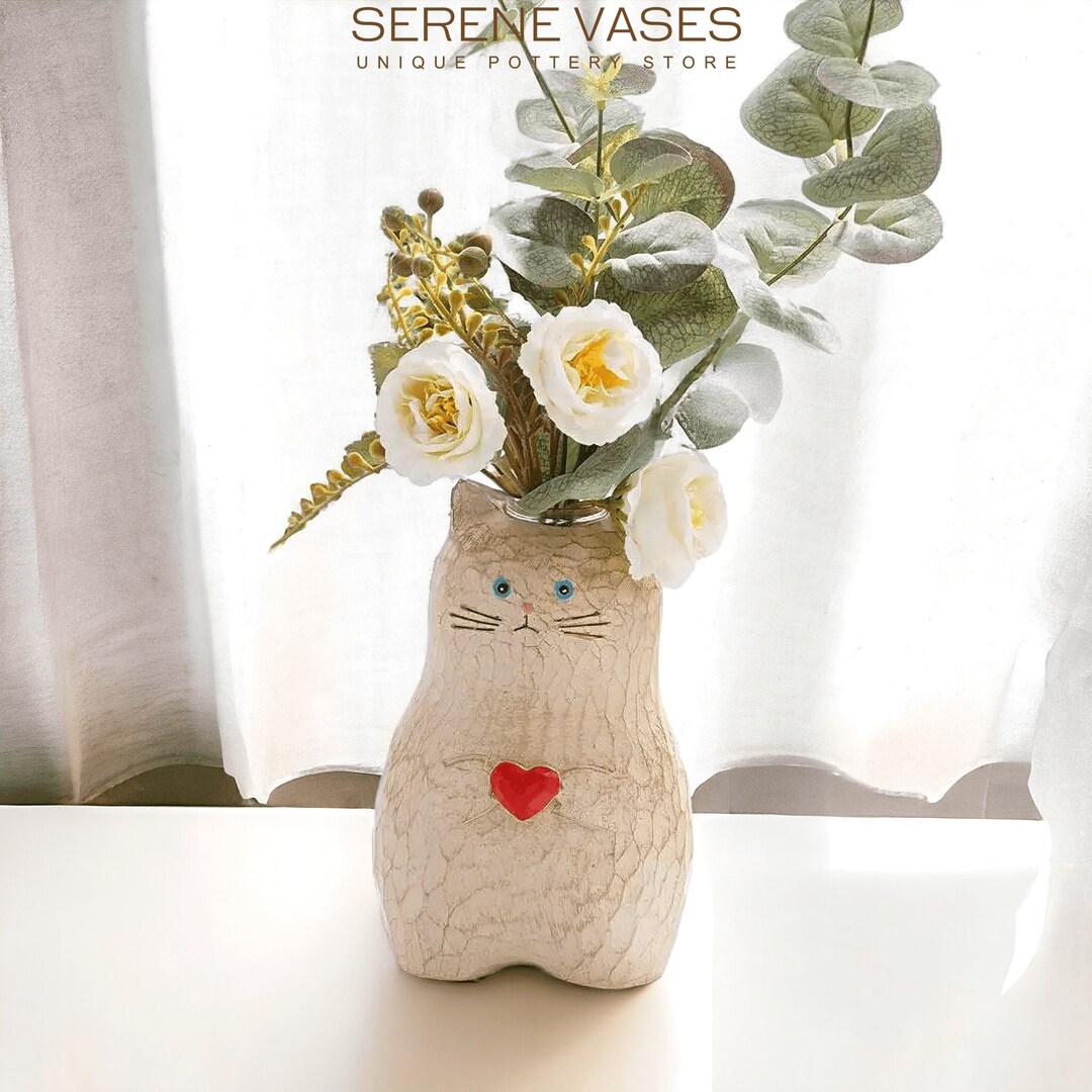 Handcrafted Wooden Cat Vase Solid Cat Wood Tall Floor Vase Cute Potted ...