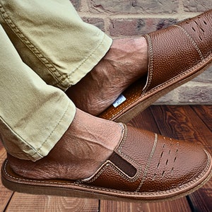 Full Grain Leather Slippers for Men, Handmade Soft Mules, House Brown ...