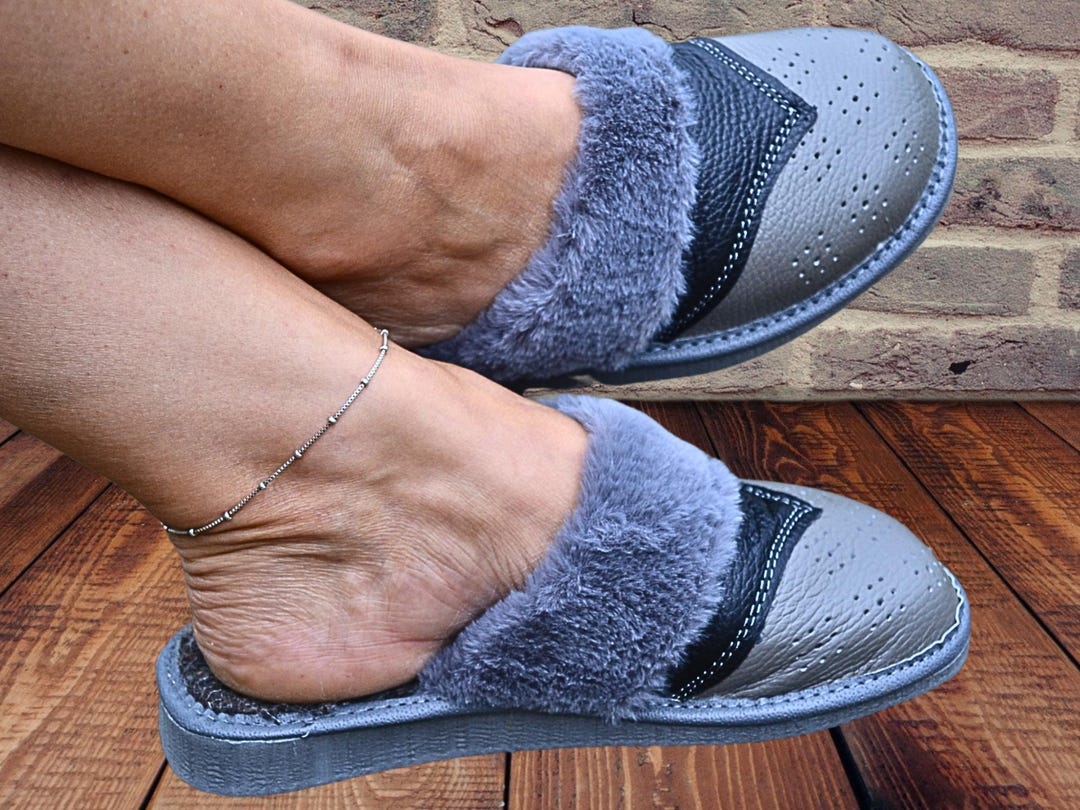 Women Soft Leather Wool Slippers, Handmade Fur Lining Soft Mules, Comfy ...