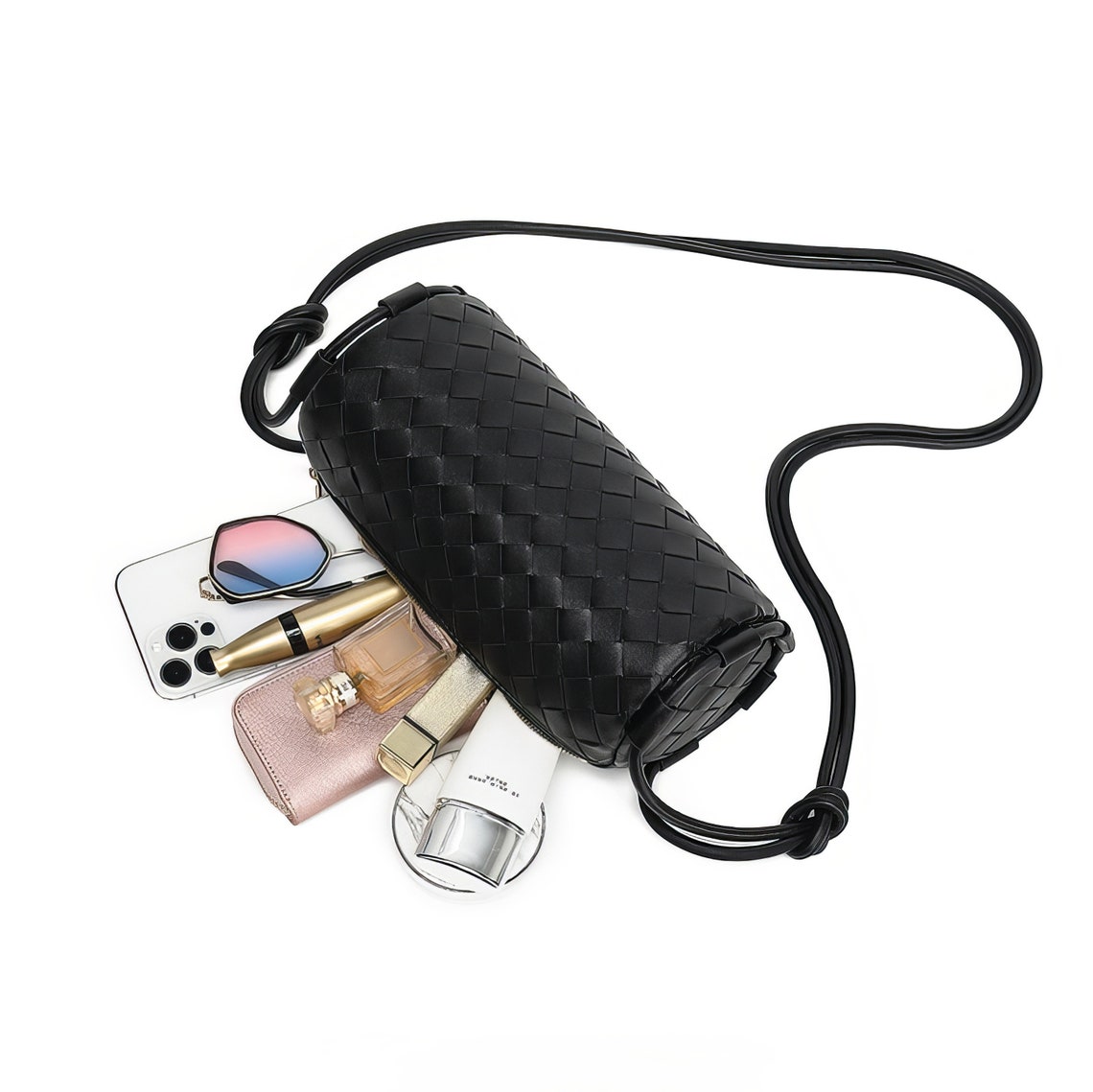 Leather Cylinder Crossbody Bag, Woven Leather Shoulder Barrel Bag, Calf ...