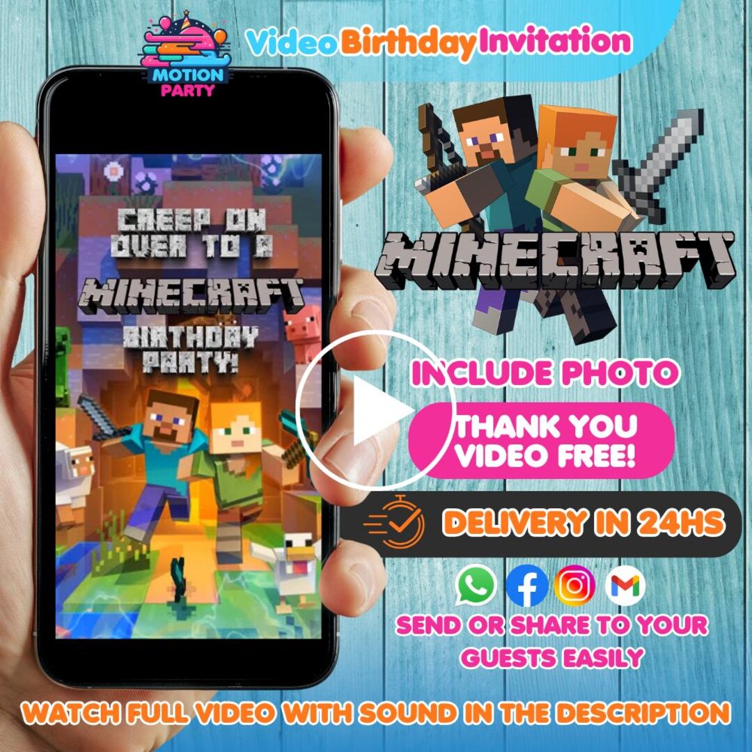 Minecraft Video Invitation, Minecraft Birthday Invitation, Minecraft ...