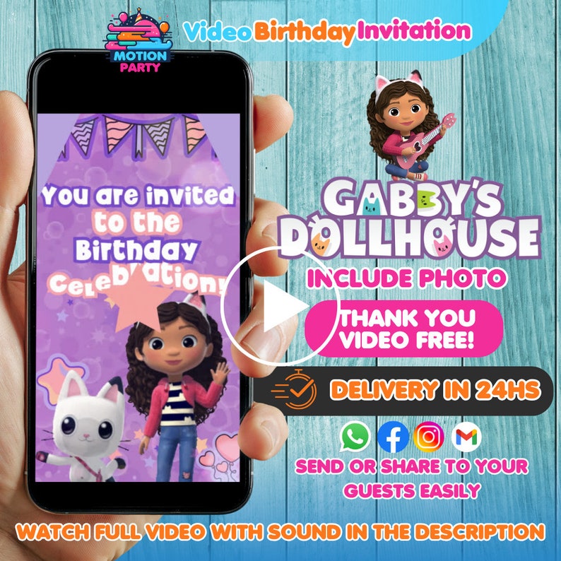 Gabby Dollhouse Birthday Invitation, Gabby Dollhouse Video Invitation ...