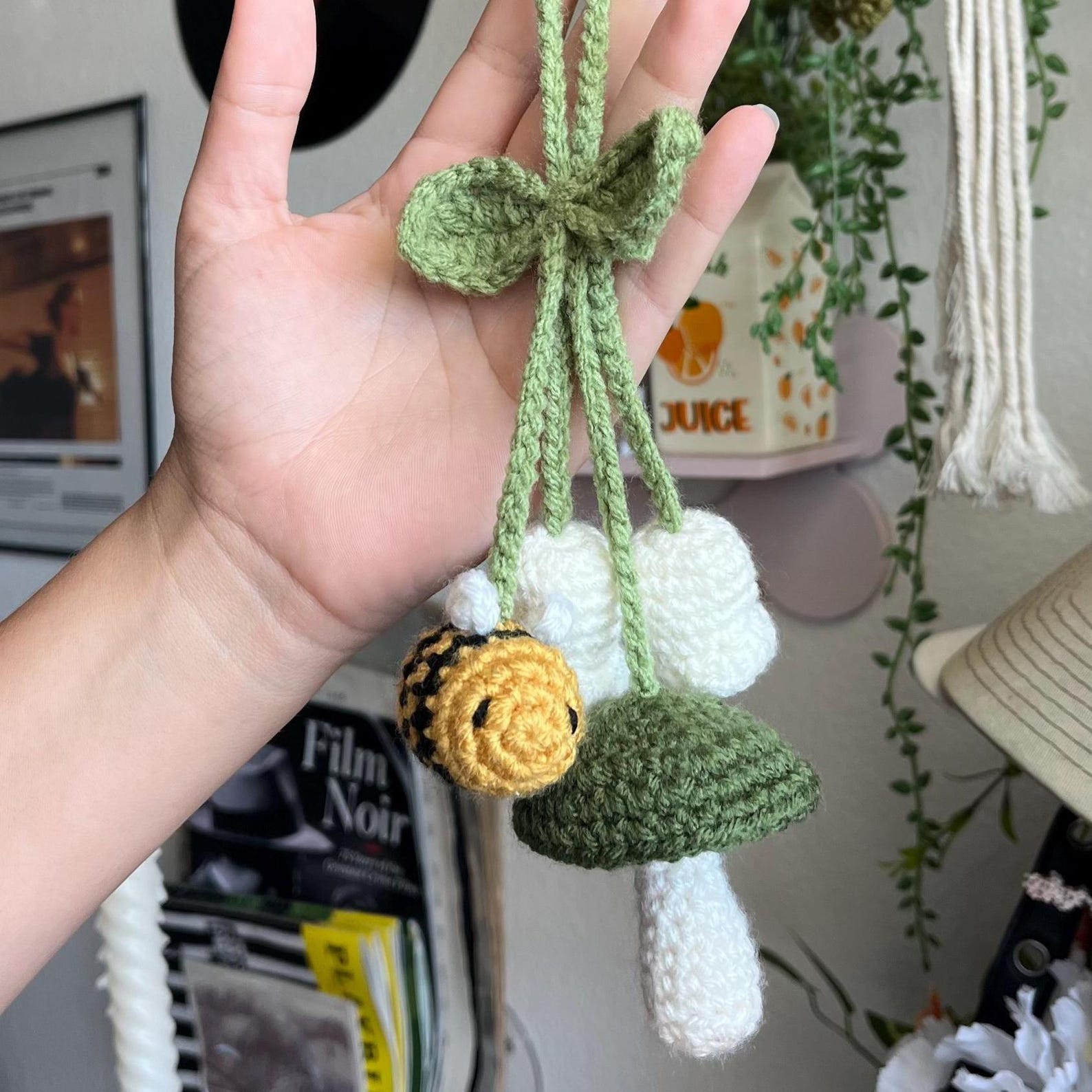 Crochet Car Charm: Handmade Mushroom, Flowers & Bee Decor - Etsy