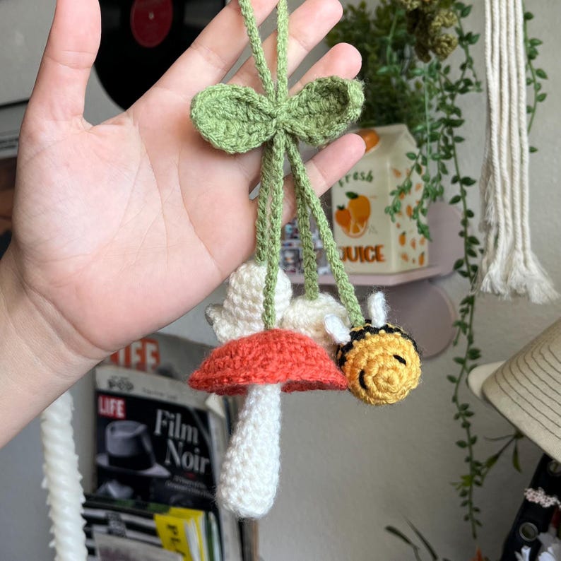 Crochet Car Charm: Handmade Mushroom, Flowers & Bee Decor - Etsy