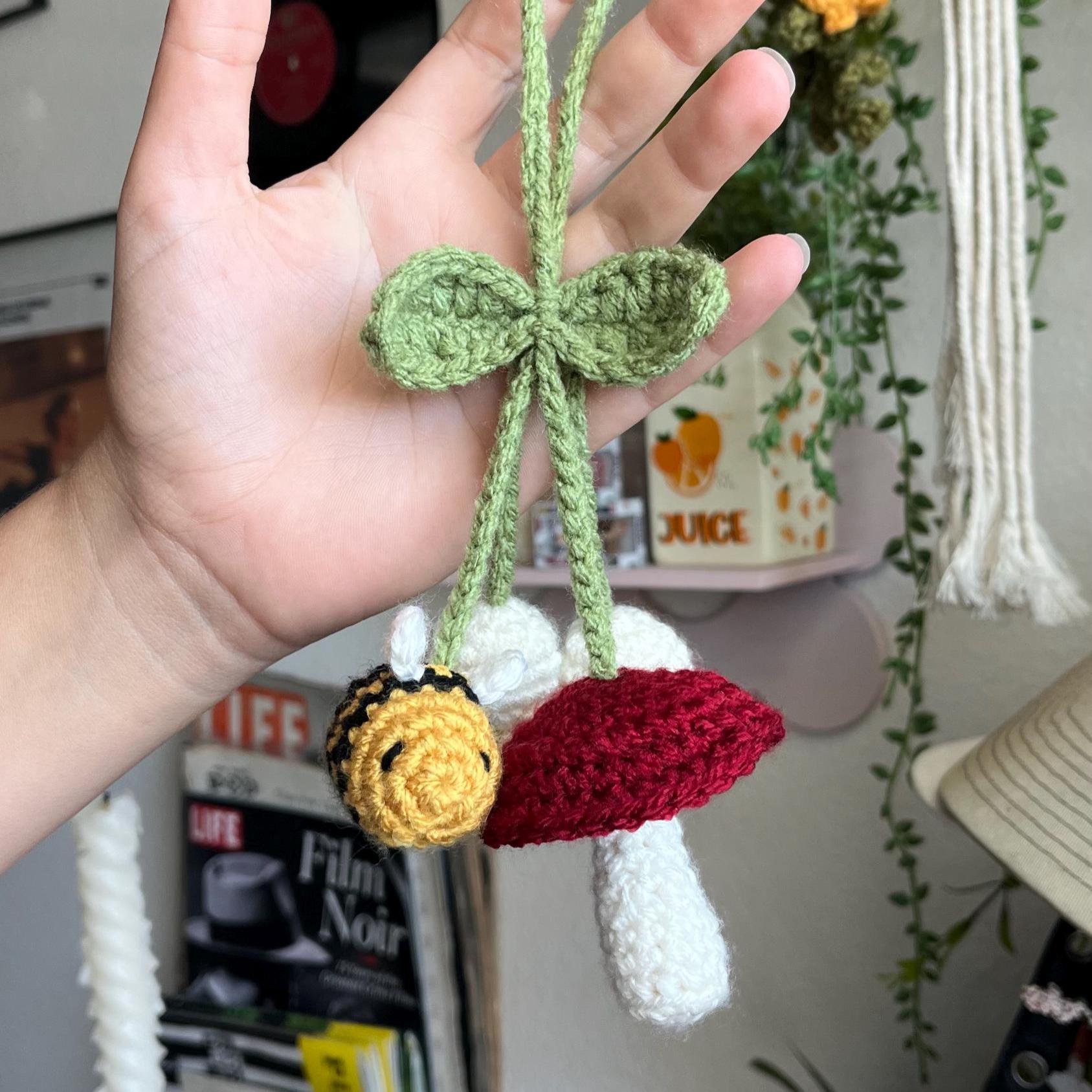Crochet Car Charm: Handmade Mushroom, Flowers & Bee Decor - Etsy
