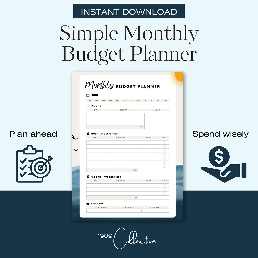 Printable Simple 1-page Monthly Budget Planning Template, Budget ...