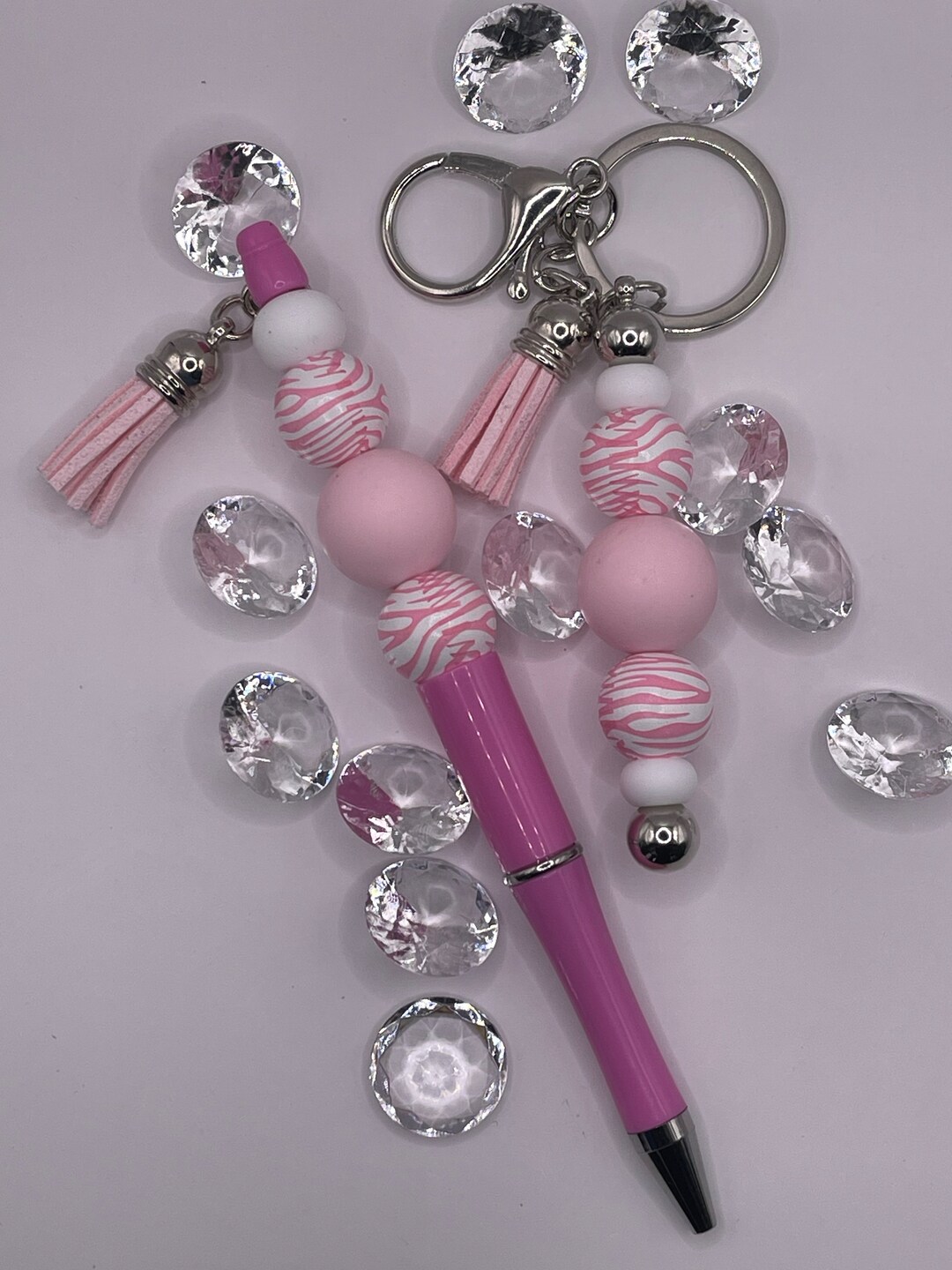 Beaded Pen and Keychain Set Girls Pastel Pink Zebra Animal Print Easter ...