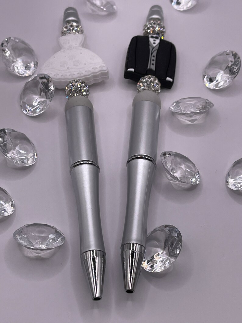 Wedding Pens Bride Groom Set Bling Beaded Silver Gift for Bridal Shower ...