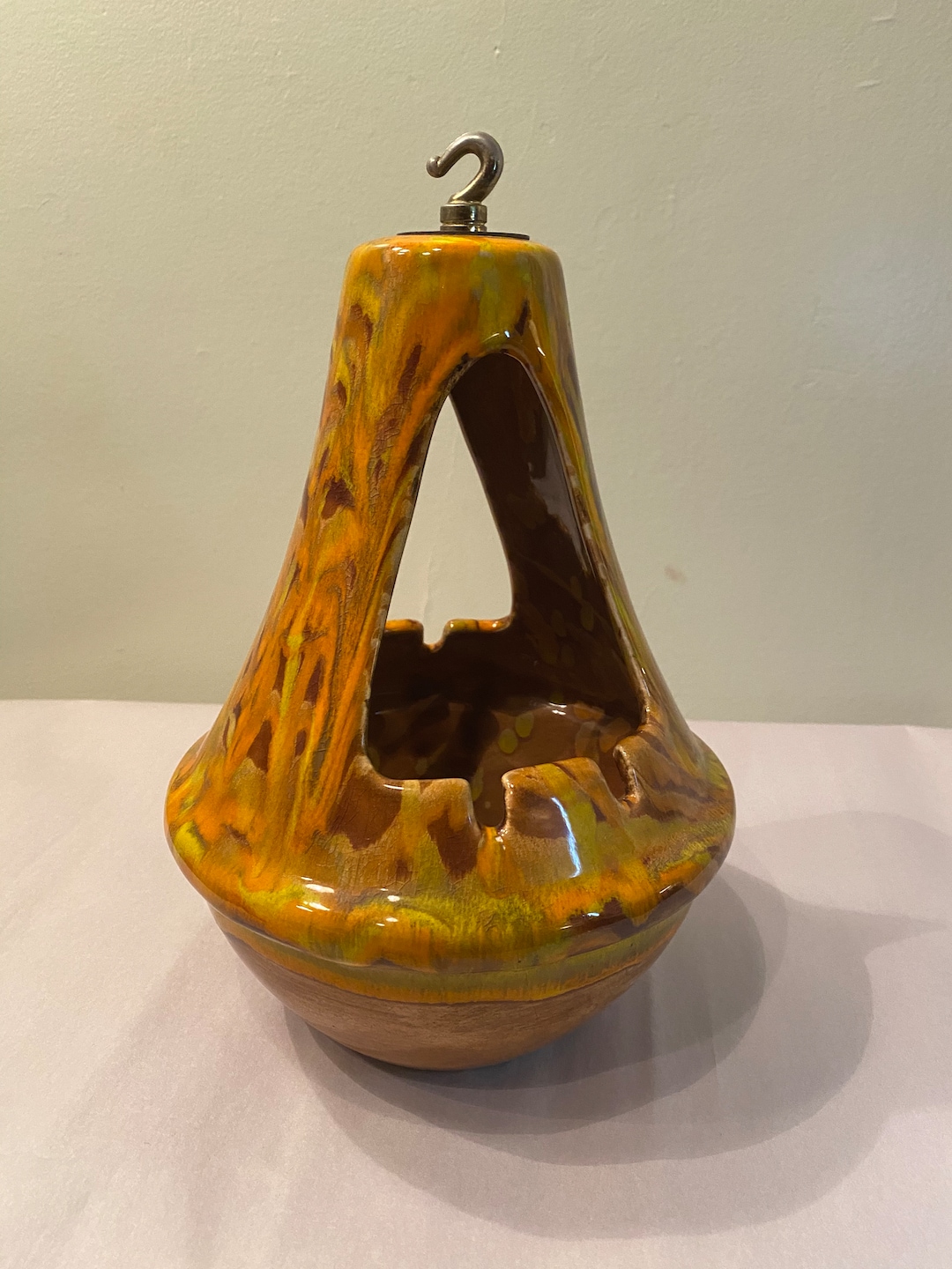 Vintage MCM Pottery Hanging Swag Ashtray Brown and Orange Drip - Etsy