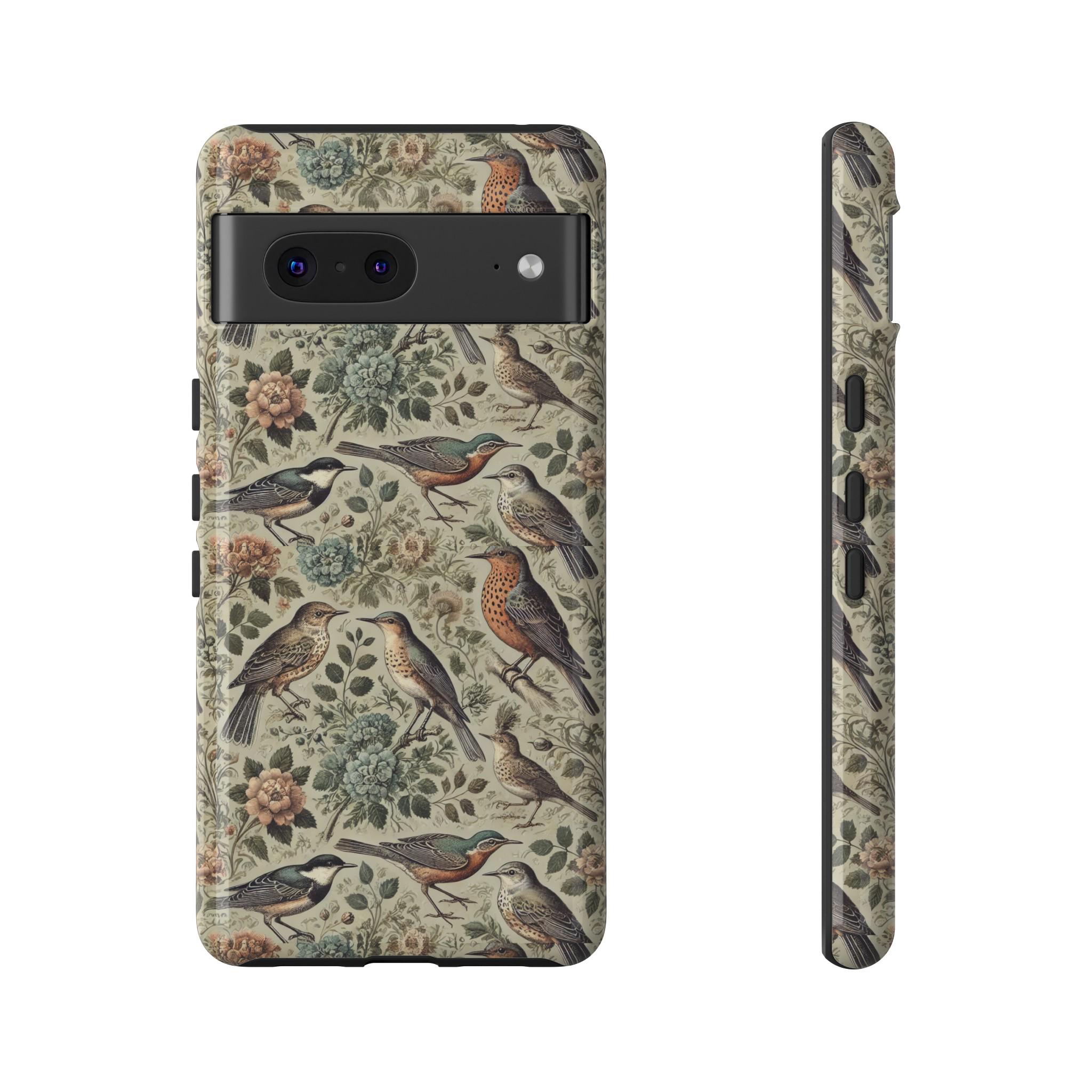 Vintage Bird and Flower Pattern Phone Case, Retro Nature Design Phone ...