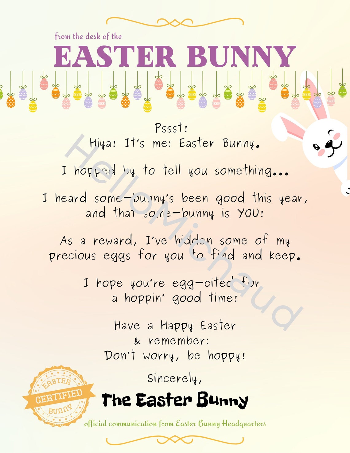 Printable EASTER BUNNY Letter - Etsy