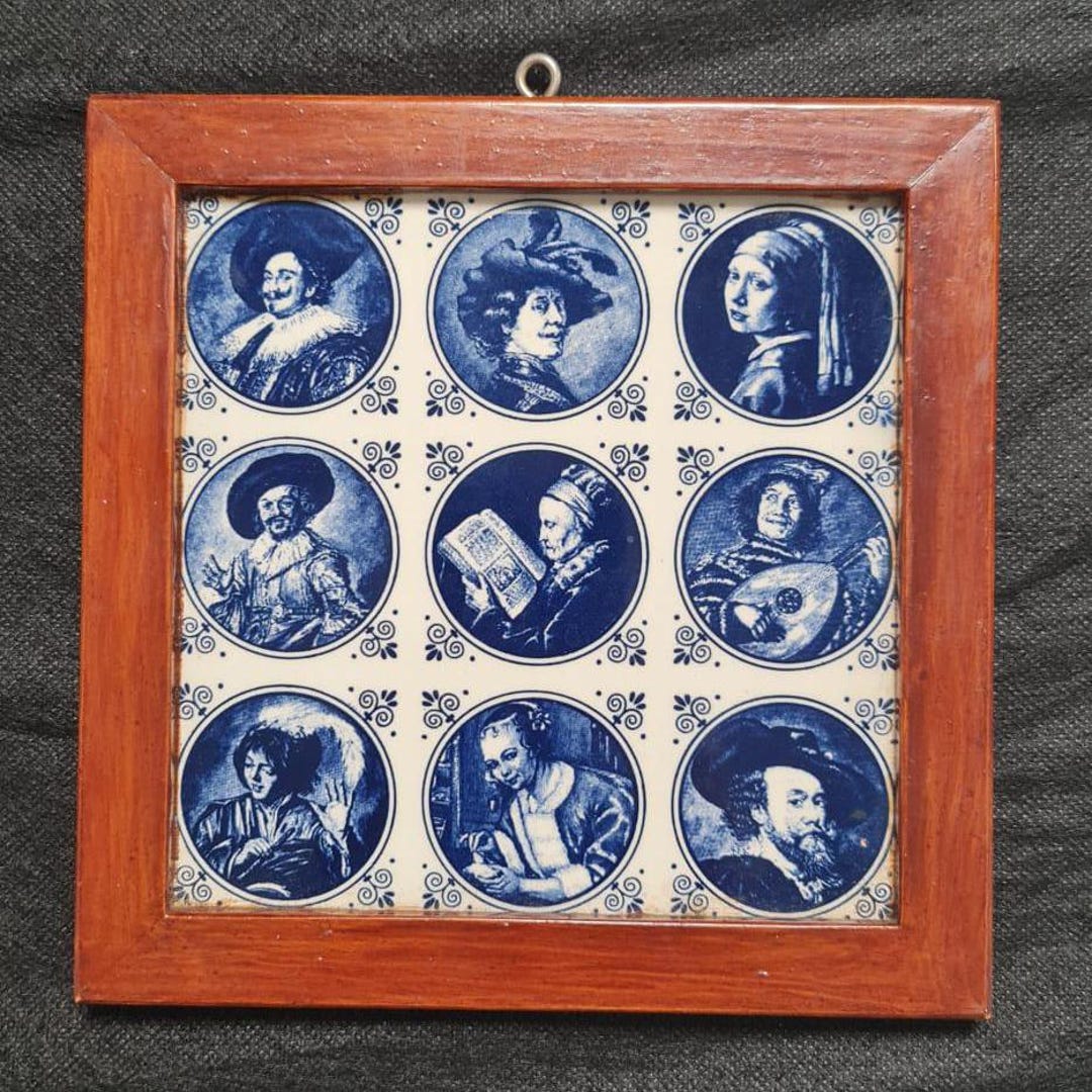 Vintage Framed Ceramic Delf Style Tile; Portraits of Frans Hals, Peter ...
