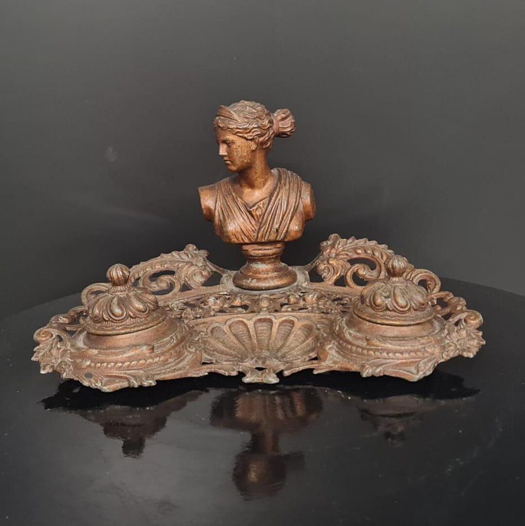 Rare Antique Large Iron Inkpot Figural Lady Style Venus Bust Statue ...
