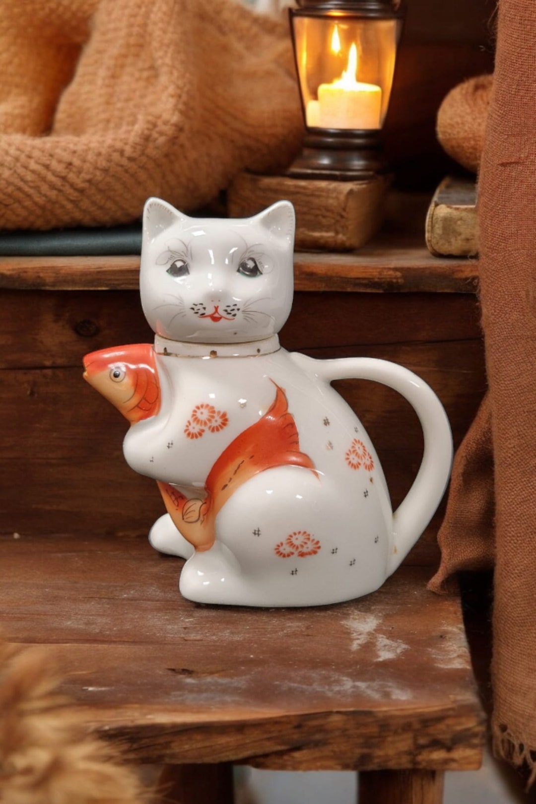 Antique Chinese Lucky Cat Koi Fish Spout Teapot or Creamer, Pitcher Soy ...