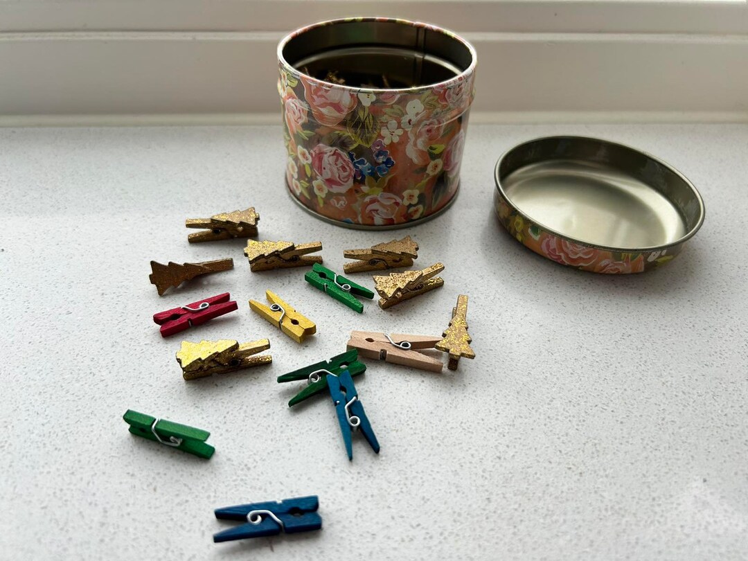 Vintage Tin Storage Box With Mini Decorative Clothespins, Cute Old ...