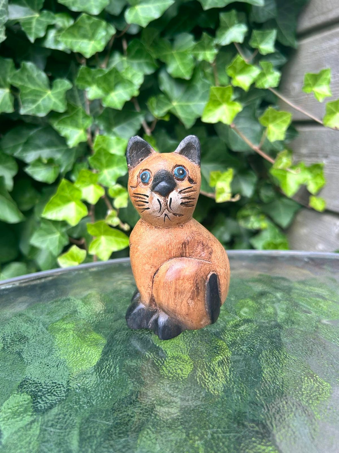 Vintage Hand Carved Wooden Siamese Cat Statue Figurine Thailand Kitty ...