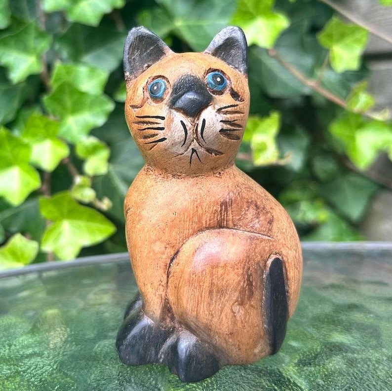 Vintage Hand Carved Wooden Siamese Cat Statue Figurine Thailand Kitty ...