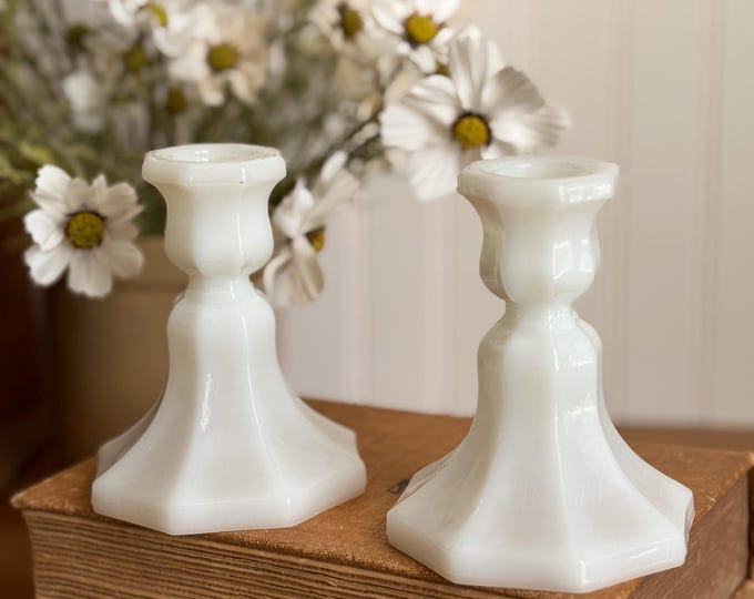 Vintage Pair of Milk Glass Candlesticks - Etsy