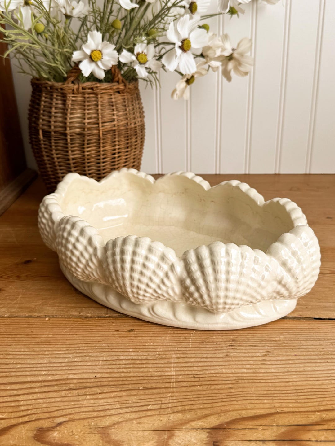 Vintage Scallop Shell Mold Ceramic Planter, Glazed Ceramic Bowl Shell ...