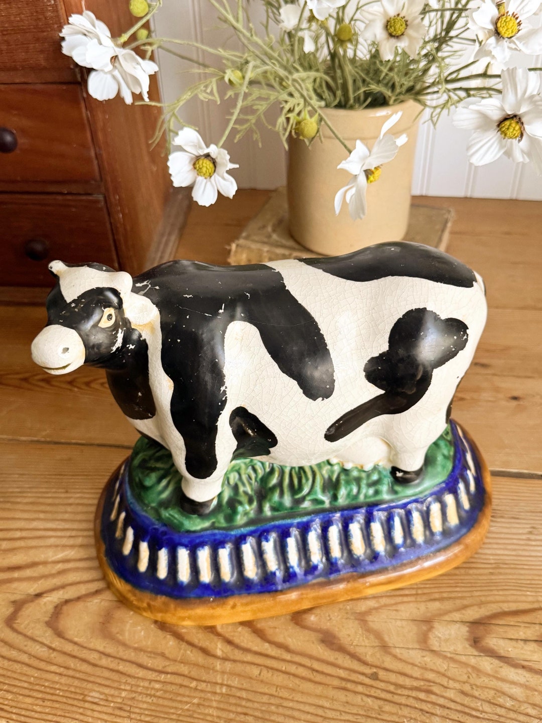 Vintage Majolica Style Large Ceramic Cow - Etsy