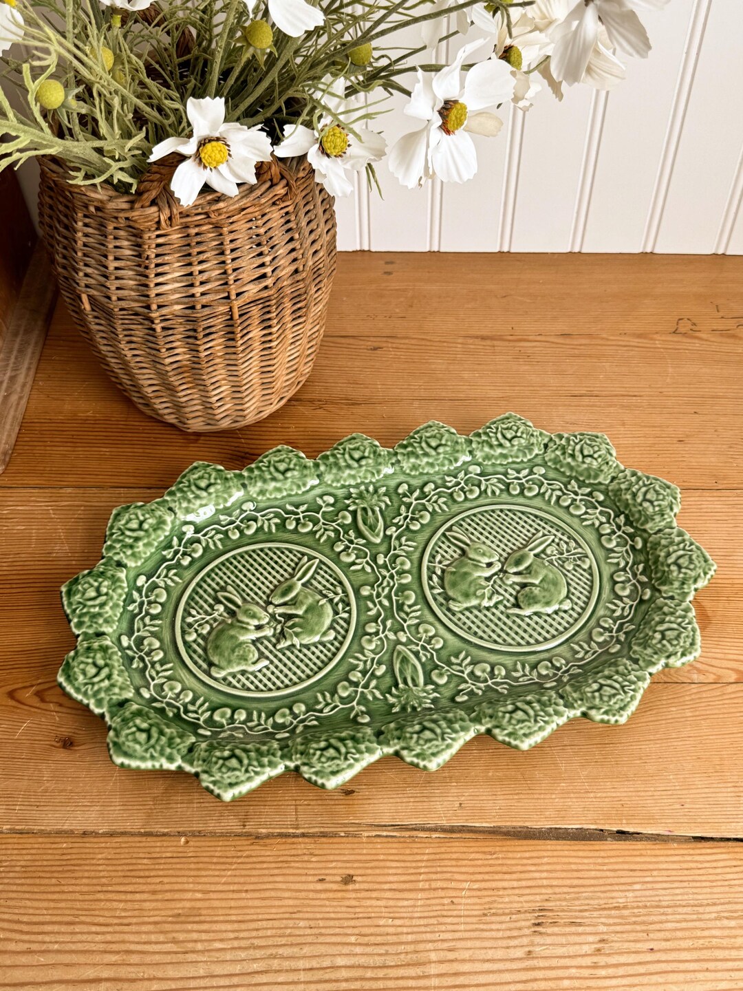Vintage Bordallo Pinheiro Green Bunny Platter, Made in Portugal ...