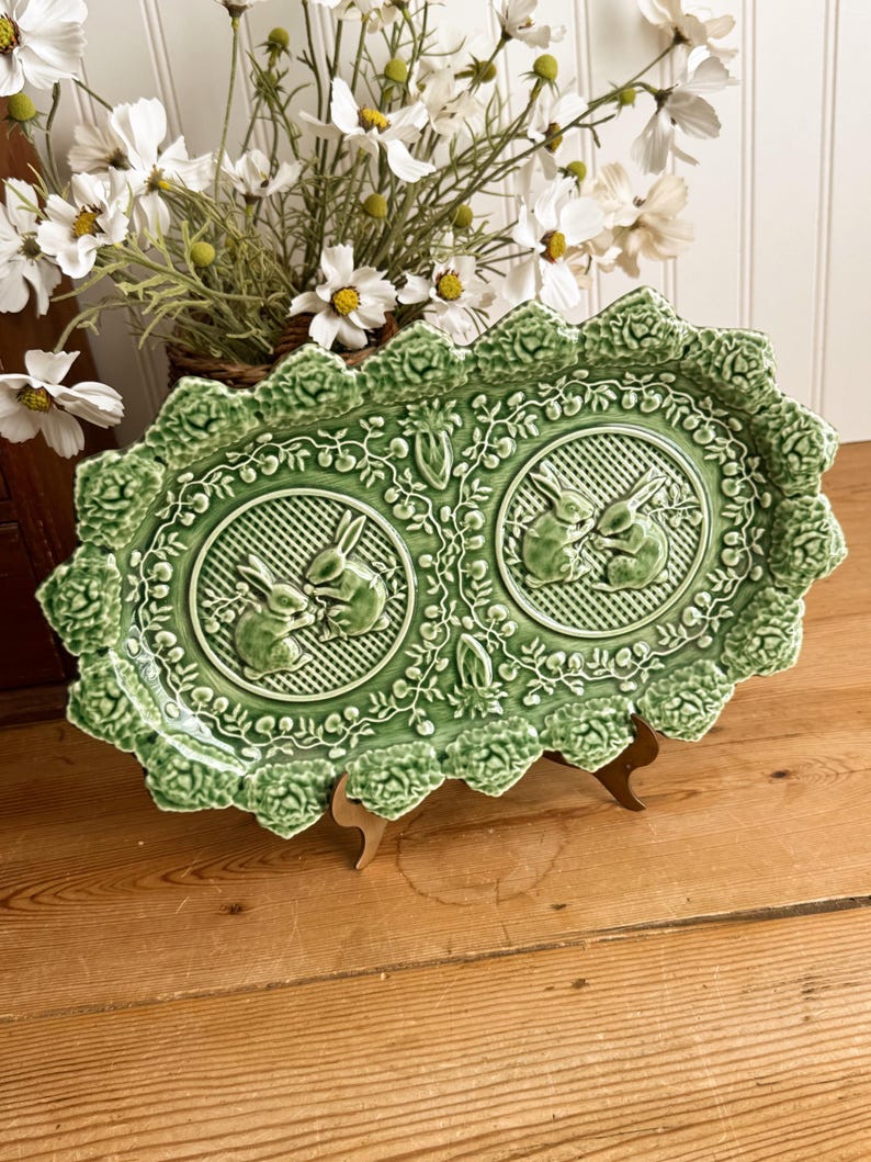 Vintage Bordallo Pinheiro Green Bunny Platter, Made in Portugal ...