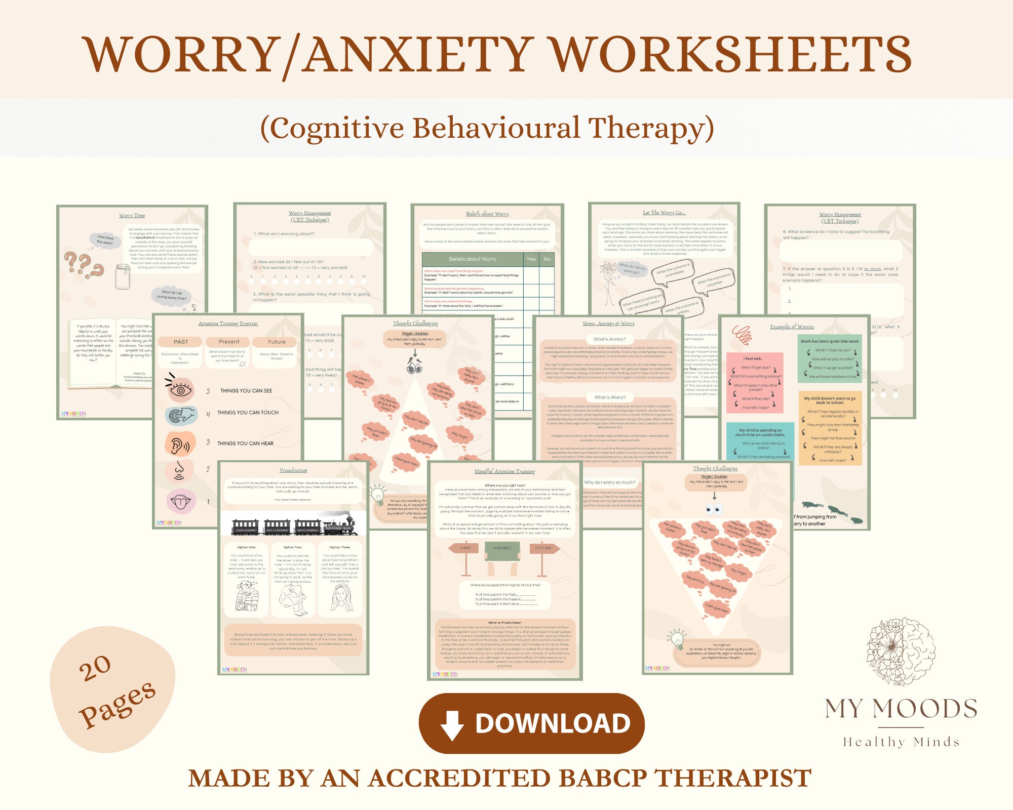 Anxiety Worry Worksheets for Teens Adults, CBT for Worry & Anxiety ...